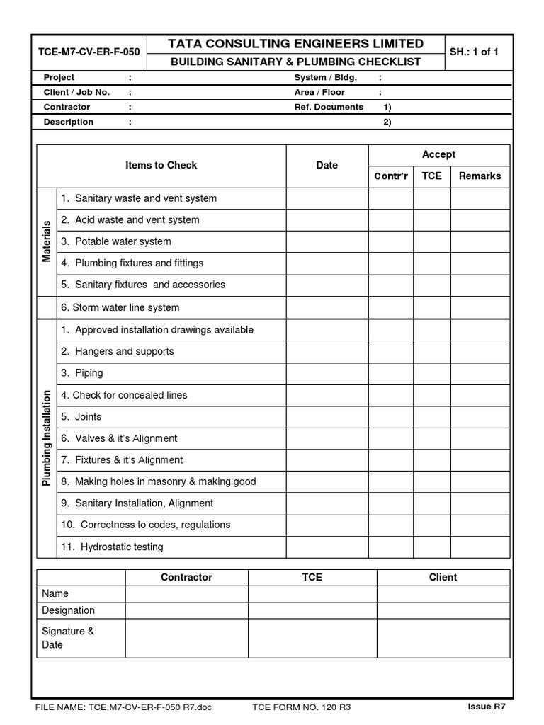 Building Sanitary & Plumbing Checklist | PDF