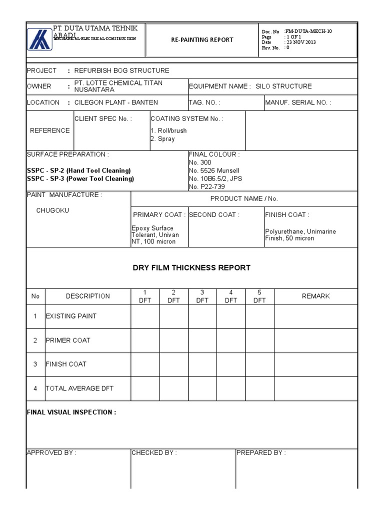 Pt. Duta Utama Tehnik Abadi Re-Painting Report:: Refurbish Bog ...