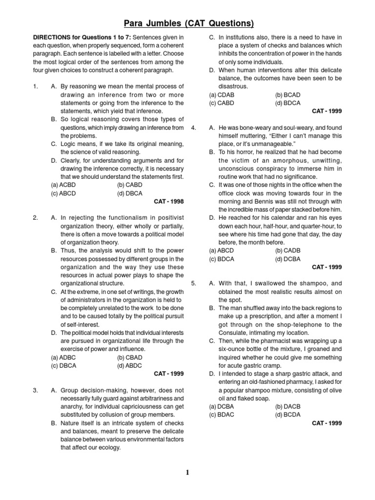 Para Jumbles (CAT Questions) : DIRECTIONS For Questions 1 To 7: Sentences Given in | PDF ...