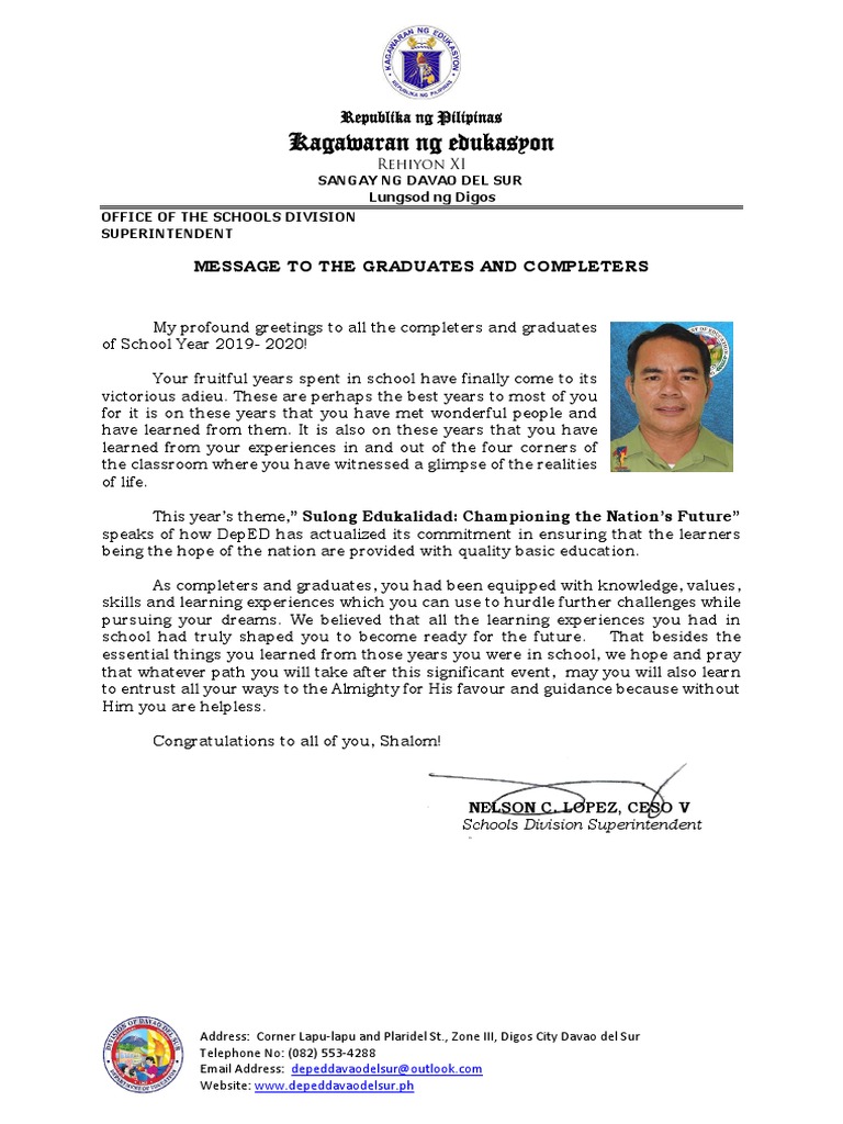 Kagawaran NG Edukasyon: Message To The Graduates and Completers | PDF