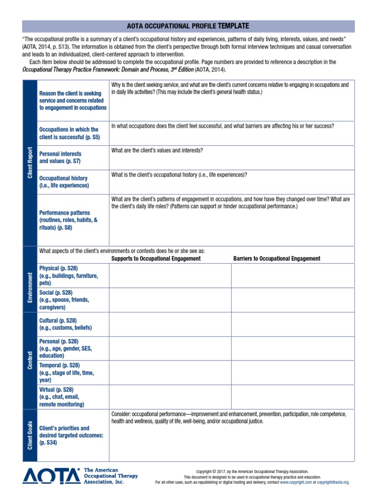 Aota Occupational Profile Template: Occupational Therapy Practice ...