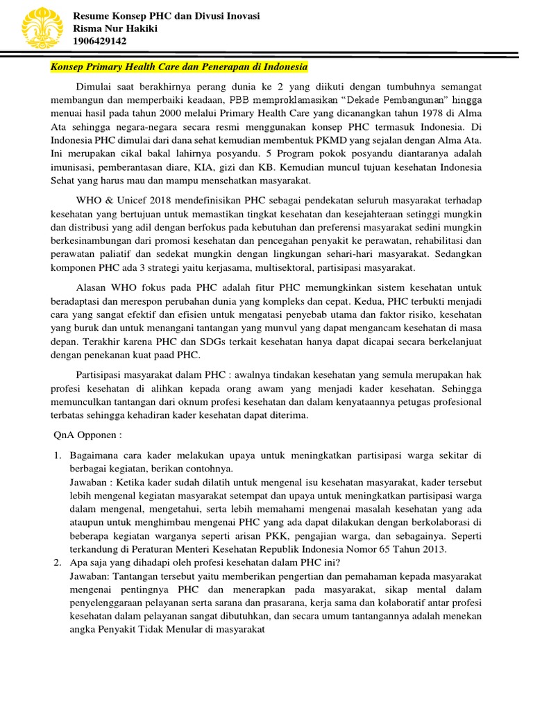 Konsep PHC dan Difusi Inovasi | PDF | Karier & Perkembangan | Gaya Hidup