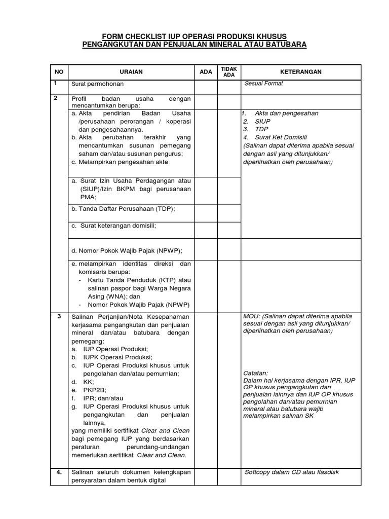 Checklist Permohonan Baru IUP OPK Angkut Jual | PDF