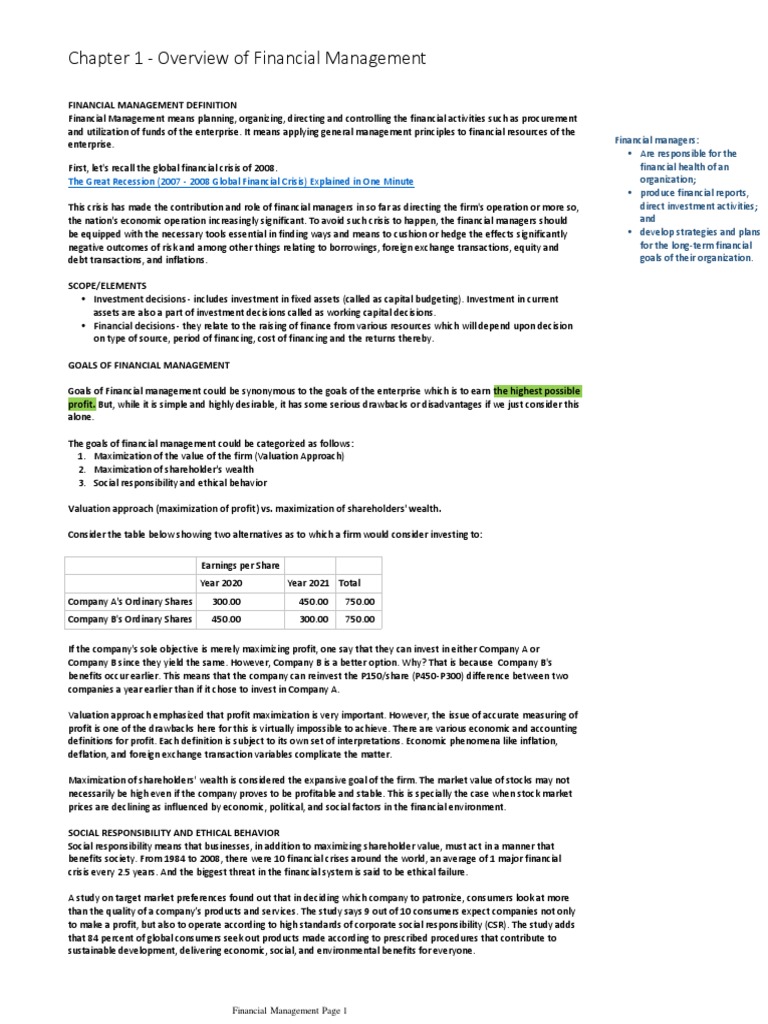 Chapter 1 - Overview of Financial Management | PDF | Corporate Social ...