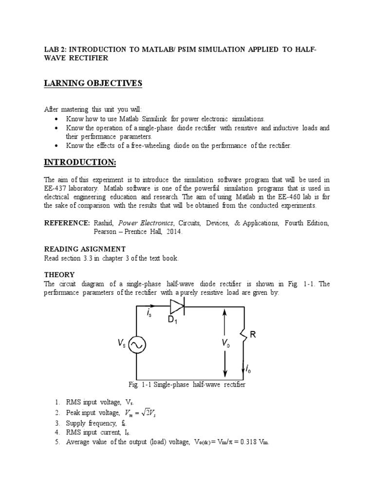 Larning Objectives: Lab 2: Introduction To Matlab/ Psim Simulation Applied To Half-Wave ...
