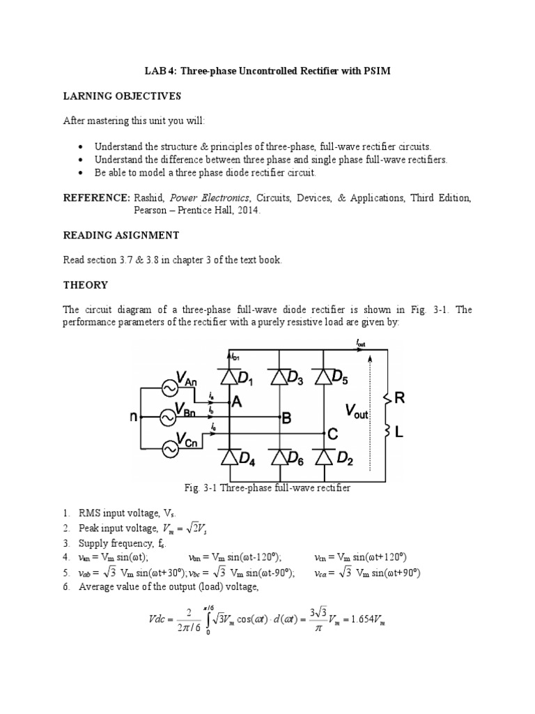 LAB 4: Three-Phase Uncontrolled Rectifier With PSIM Larning Objectives | PDF | Rectifier | Root ...