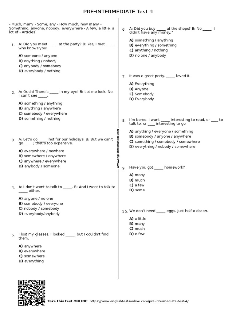 Pre-Intermediate Test 4 Answers | PDF