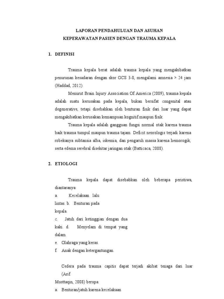 Laporan Pendahuluan Dan Asuhan Keperawatan Pasien Dengan Trauma Kepala | PDF