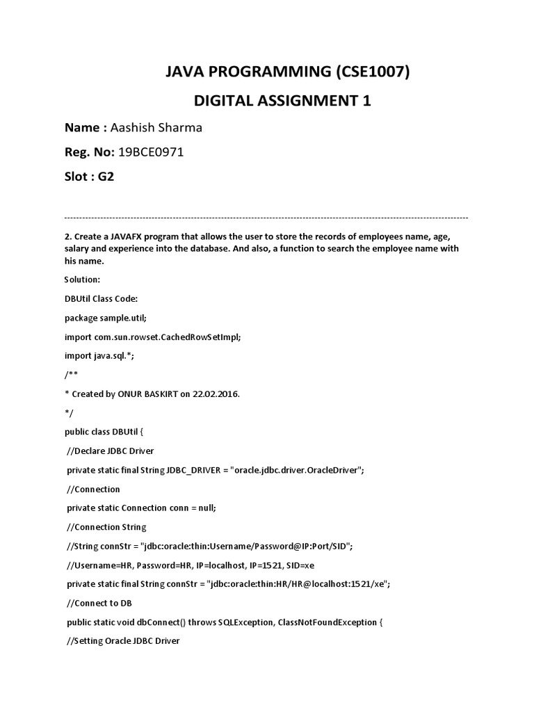 Java Programming (Cse1007) Digital Assignment 1: Name: Aashish Sharma Reg. No: 19BCE0971 Slot ...