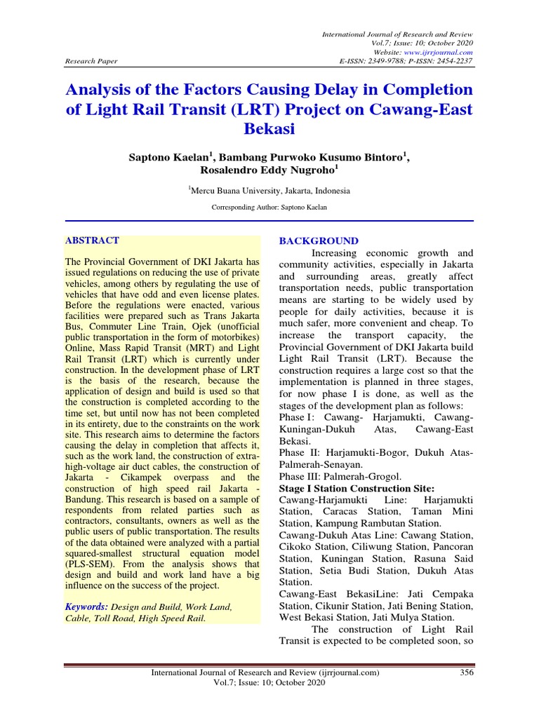 Analysis of The Factors Causing Delay in Completion of Light Rail Transit (LRT) Project On ...