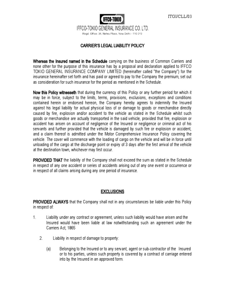 Carrier's Legal Liability Insurance Policy | PDF | Liability Insurance ...