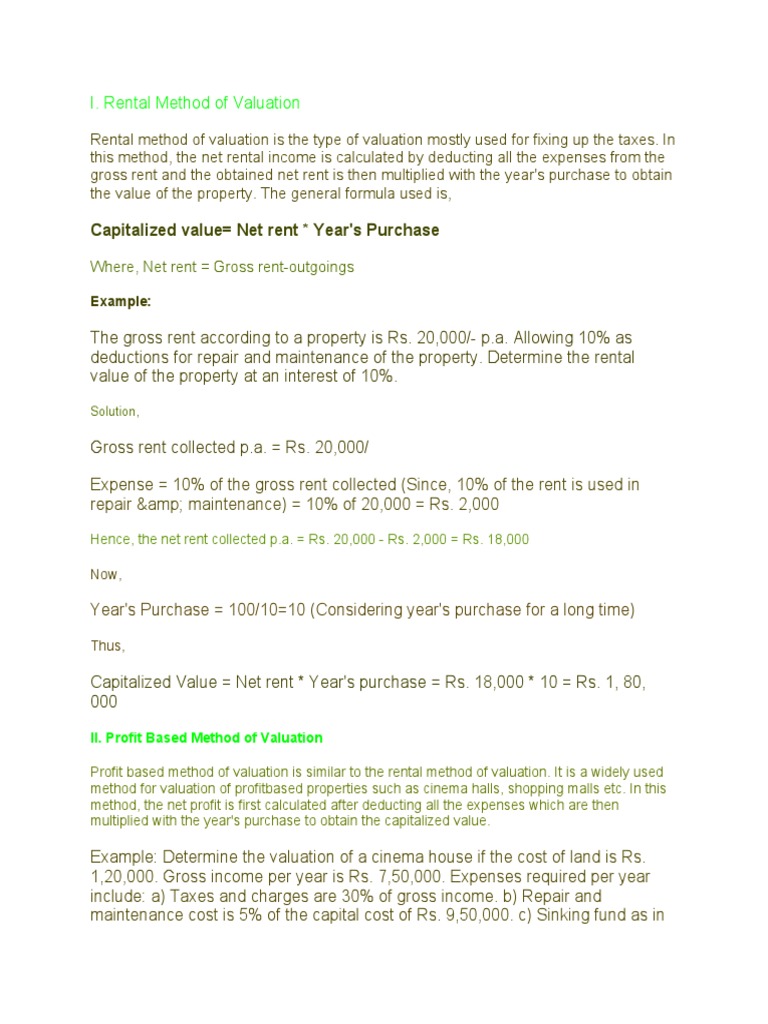 I. Rental Method of Valuation: Capitalized Value Net Rent Year's ...