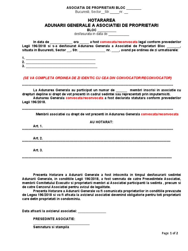 Model Hotarare Adunare Generala Conform Legii 196 Din 2018 | PDF