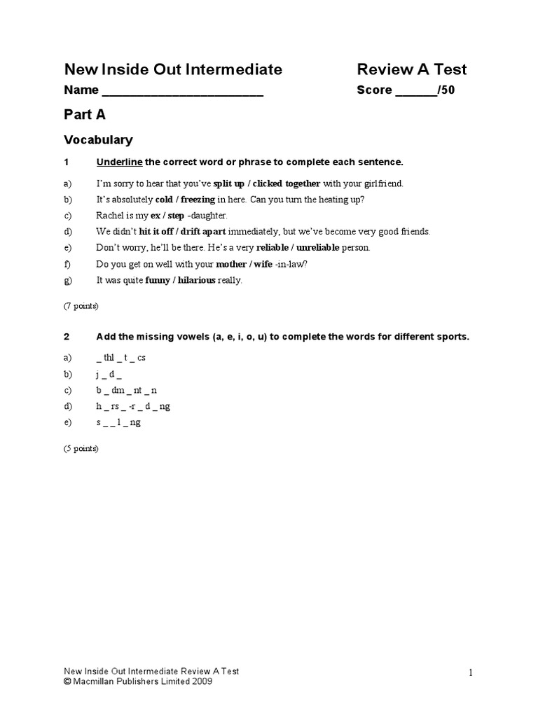 New Inside Out Intermediate Review A Test | PDF | Linguistics