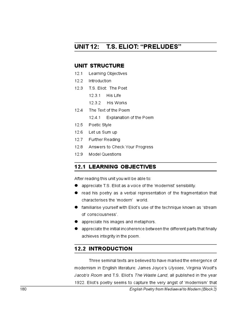 Unit 12 T.S. ELIOT "PRELUDES" | PDF | T. S. Eliot | Poetry