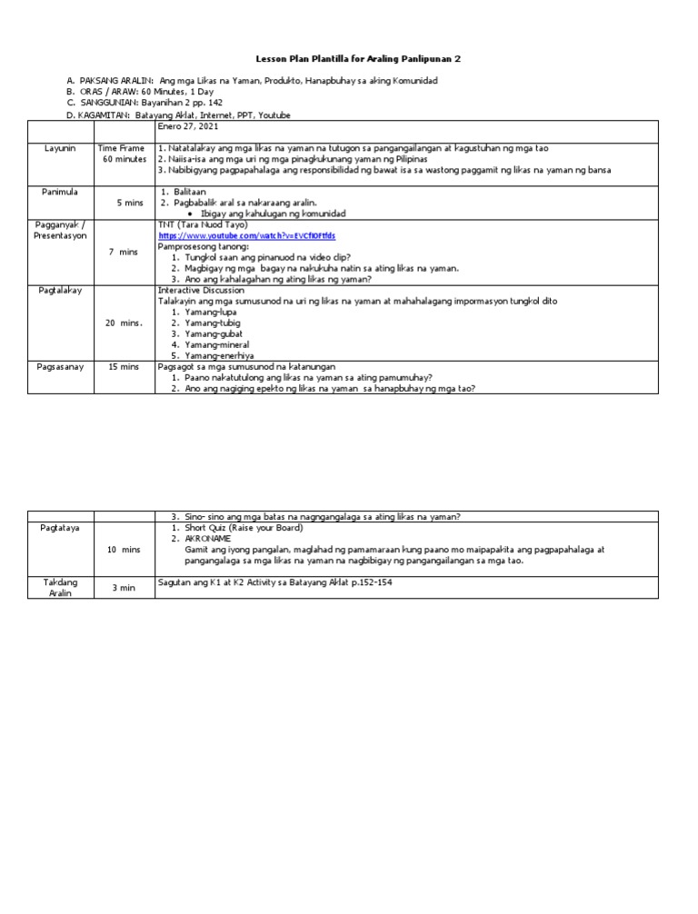 Lesson Plan Plantilla For Araling Panlipunan 2 | PDF
