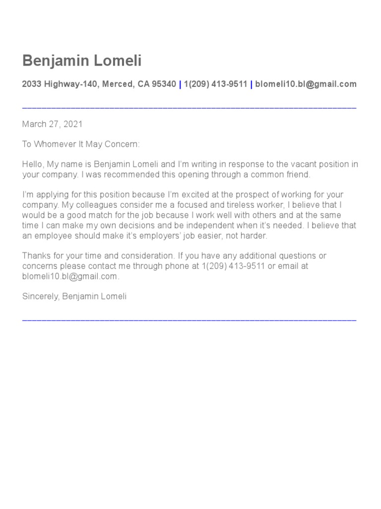 Cover Letter - Ben Lomeli | PDF
