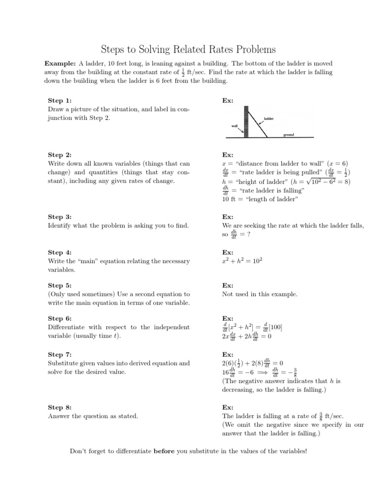 Solving Related Rates Problems | PDF | Ladder | Equations