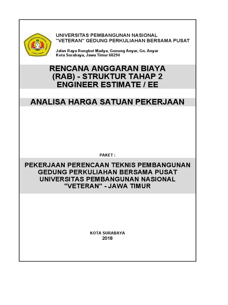 Rencana Anggaran Biaya (Rab) - Struktur Tahap 2 Engineer Estimate / Ee Analisa Harga Satuan ...