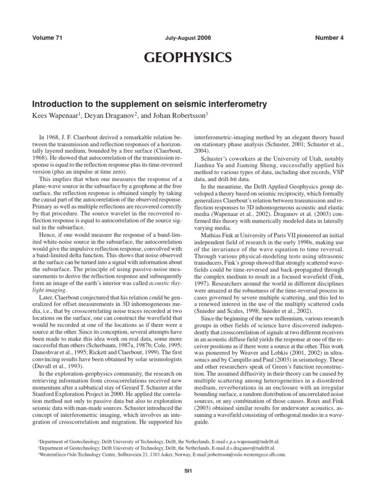 Wapenar 2006 Introduction To The Supplement On Seismic Interferometry | PDF | Reflection ...