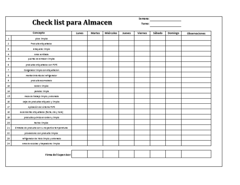 Check List De Limpieza Para Almacén Pdf