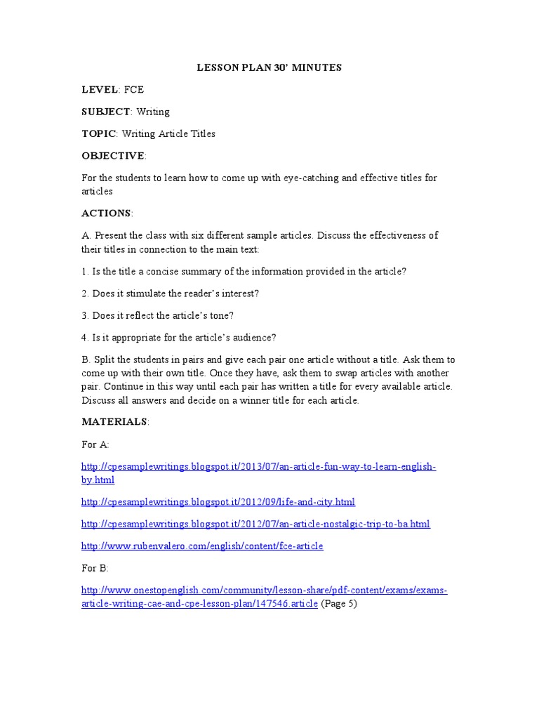 Lesson Plan 30' Minutes Level: Fce SUBJECT: Writing TOPIC: Writing ...