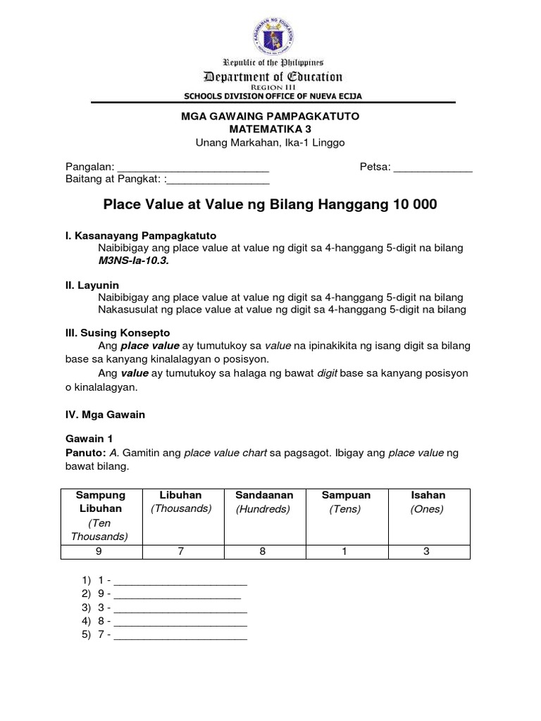Math3 LAS q1 w1 L2 Place Value at Value NG Bilang Hanggang 10 000 v1 2 ...