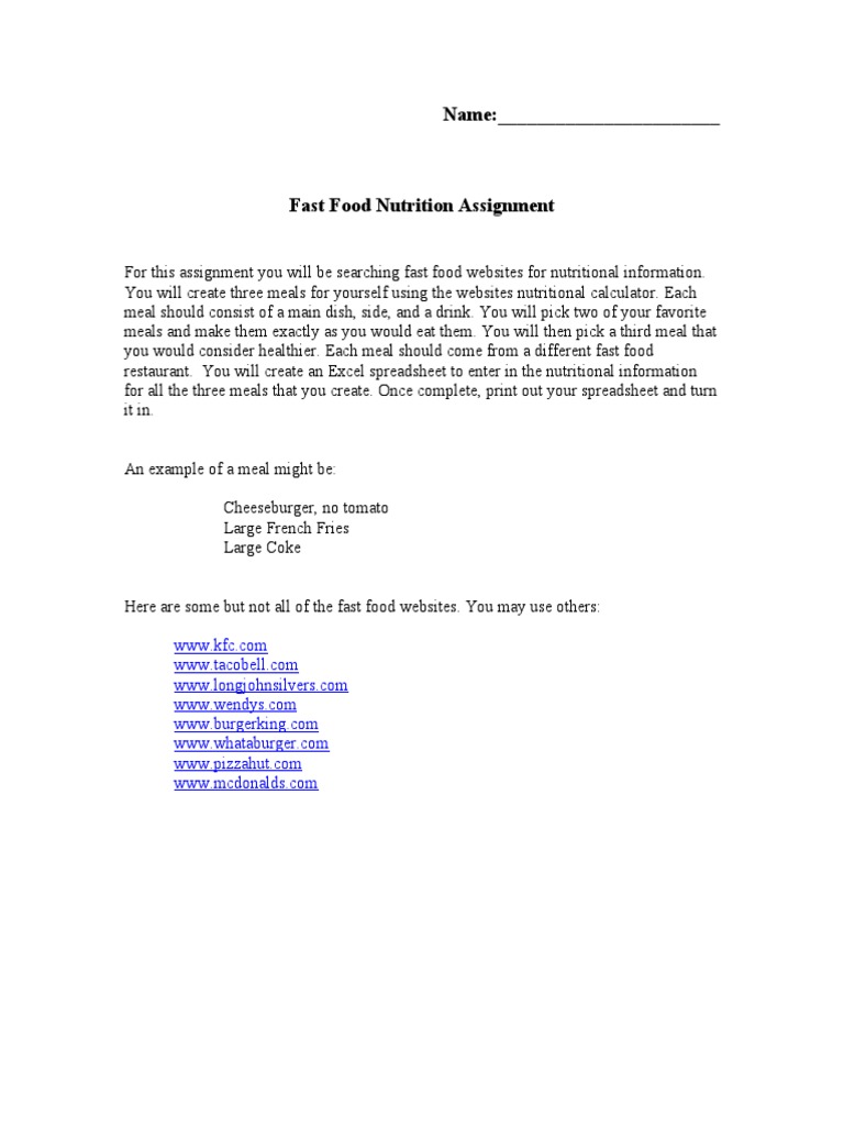 Fast Food Nutrition Assignment | PDF