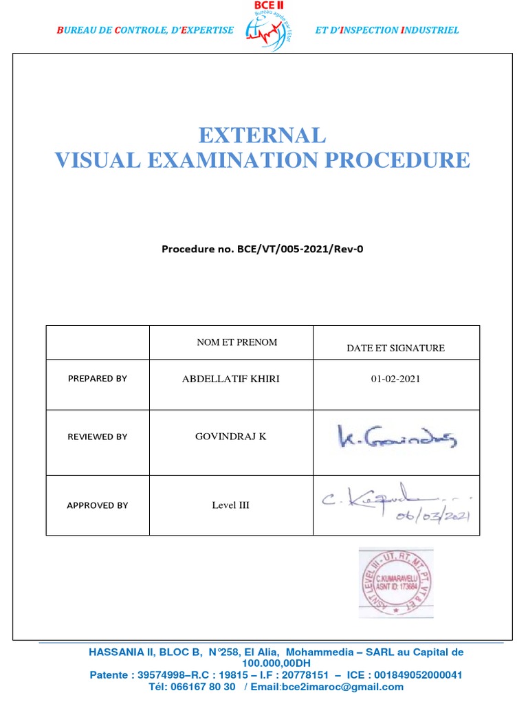 External Visual Examination Procedure: Procedure No. BCE/VT/005-2021 ...