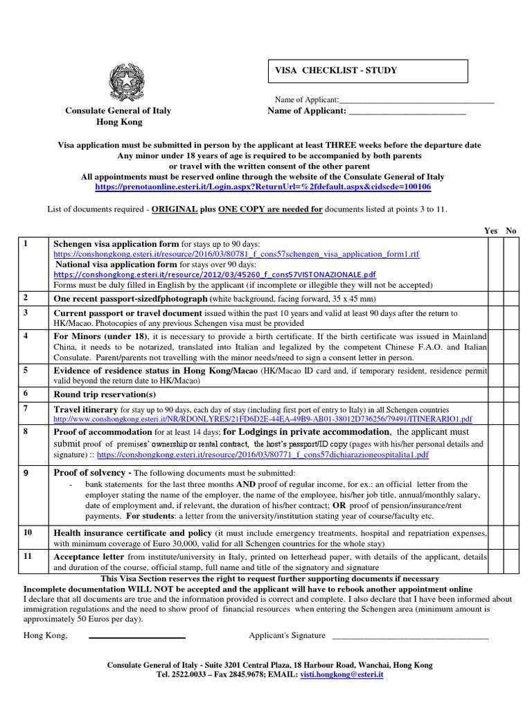 Italy Student Visa Application Checklist | PDF | Travel Visa ...