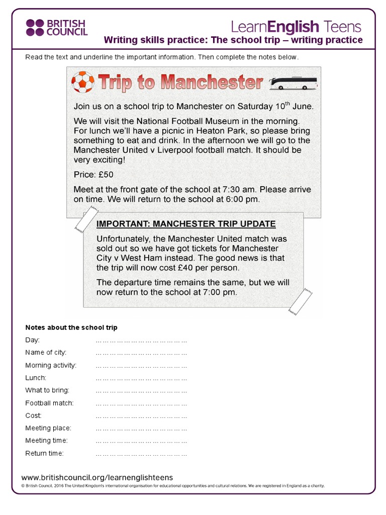 The School Trip - Writing Practice | PDF
