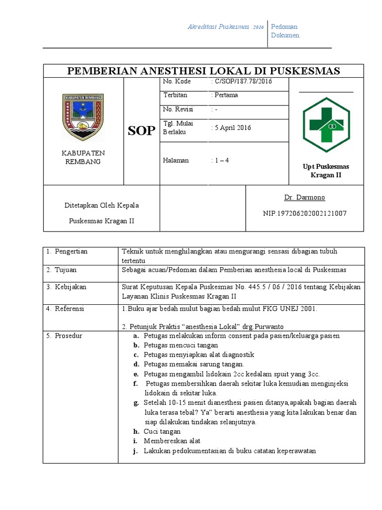 Sop Anestesi Lokal | PDF