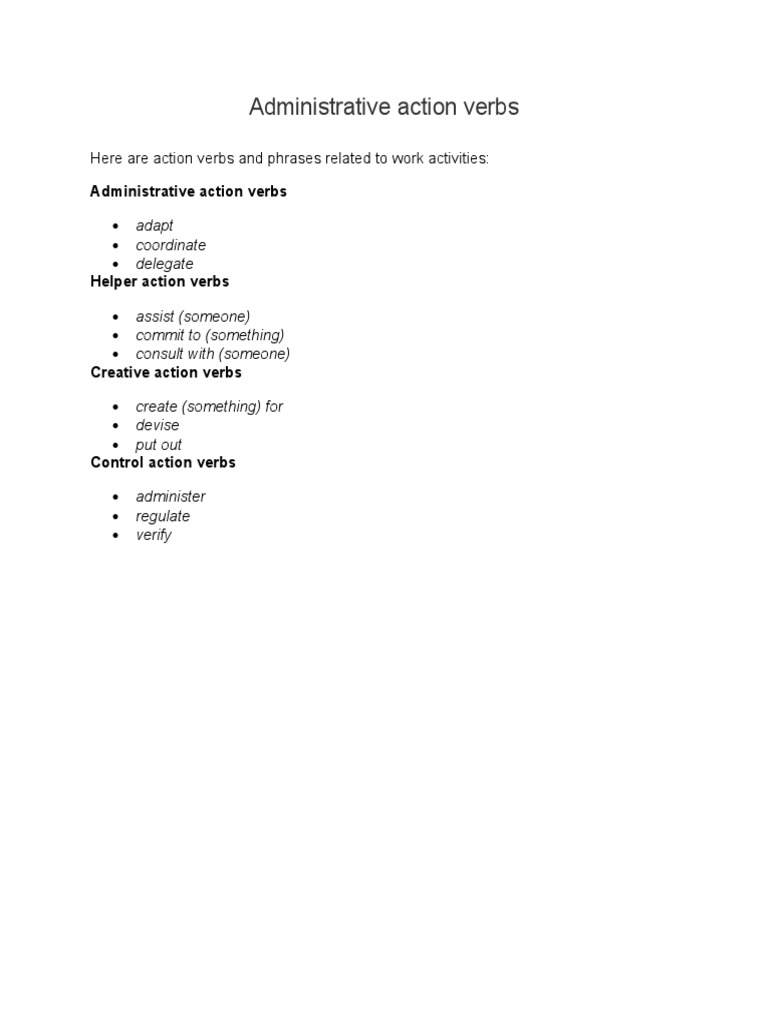 Administrative Action Verbs and Phrases for Describing Work Activities ...