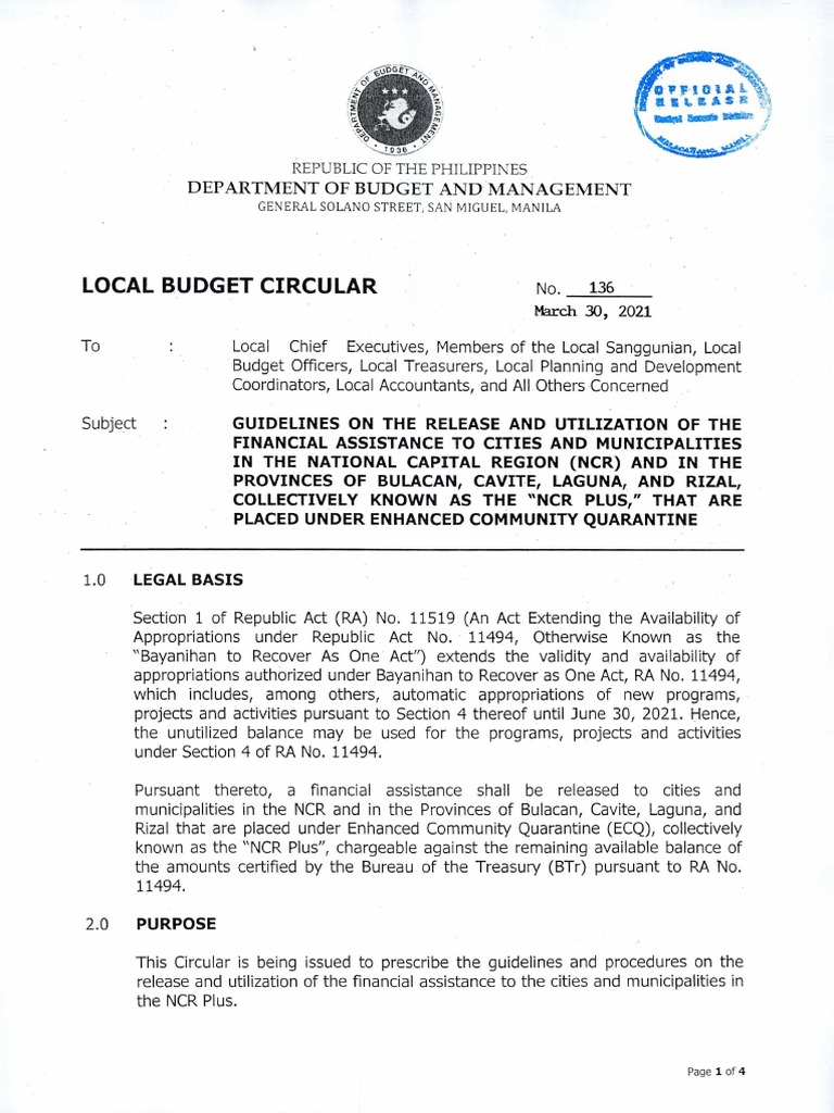 DBM Local Budget Circular 136 | PDF | Metro Manila | Government