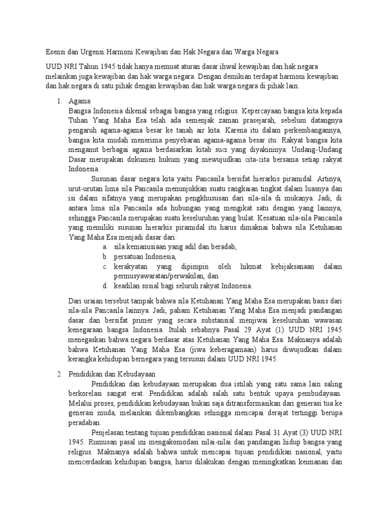 Esensi Dan Urgensi Harmoni Kewajiban Dan Hak Negara Dan Warga Negara | PDF Esensi Dan Urgensi Harmoni Kewajiban Dan Hak Negara Dan Warga Negara | PDF