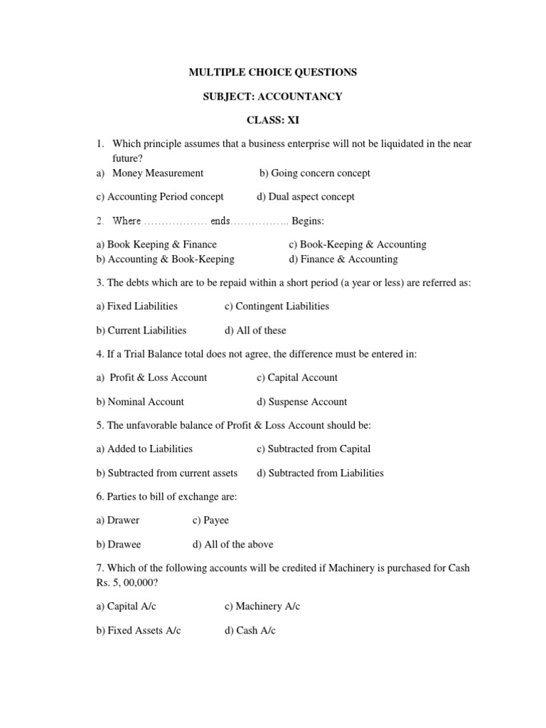 Multiple Choice Questions Subject: Accountancy Class: Xi | PDF ...