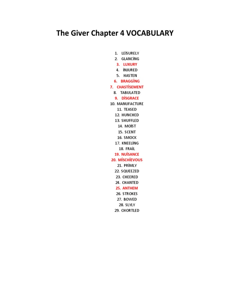 Chapter 4 Vocabulary for The Giver | PDF