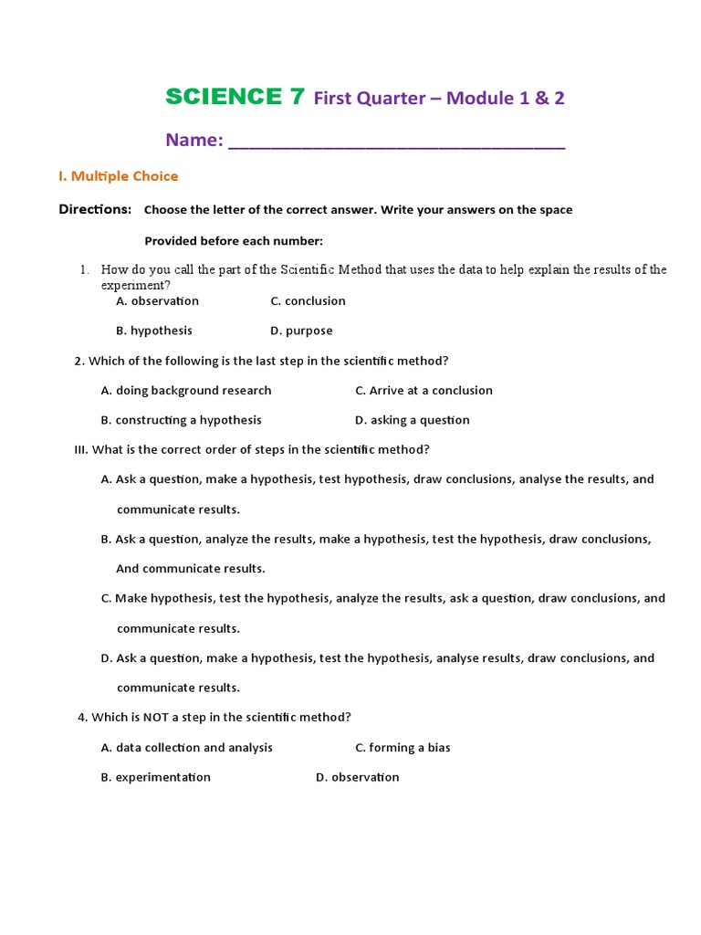 SCIENCE 7 First Quarter (1 & 2) | PDF | Scientific Method | Experiment