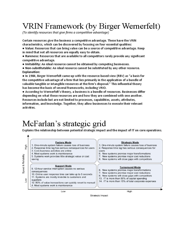 VRIN Framework (By Birger Wernerfelt) : (To Identify Resources That ...