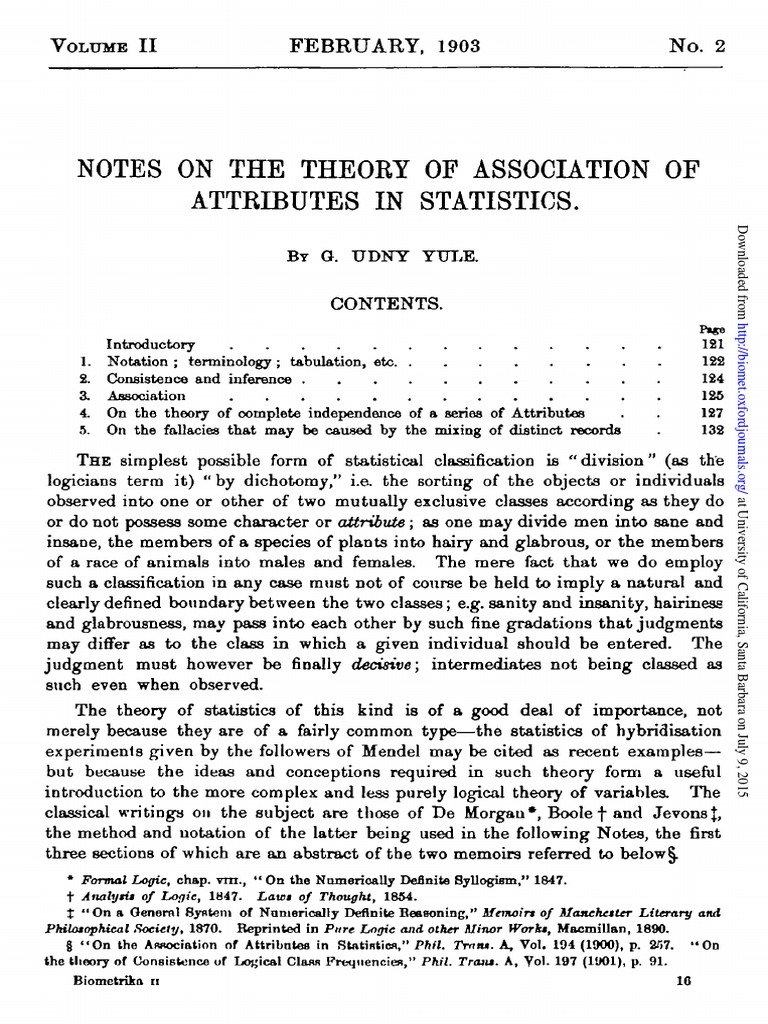 Notes On The Theory of Association of Attributes in Statistics | PDF ...