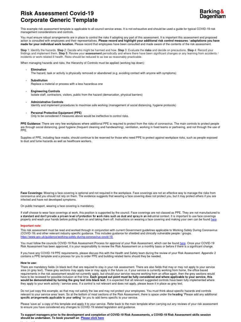 Risk Assessment Covid-19 Corporate Generic Template | PDF | Personal ...