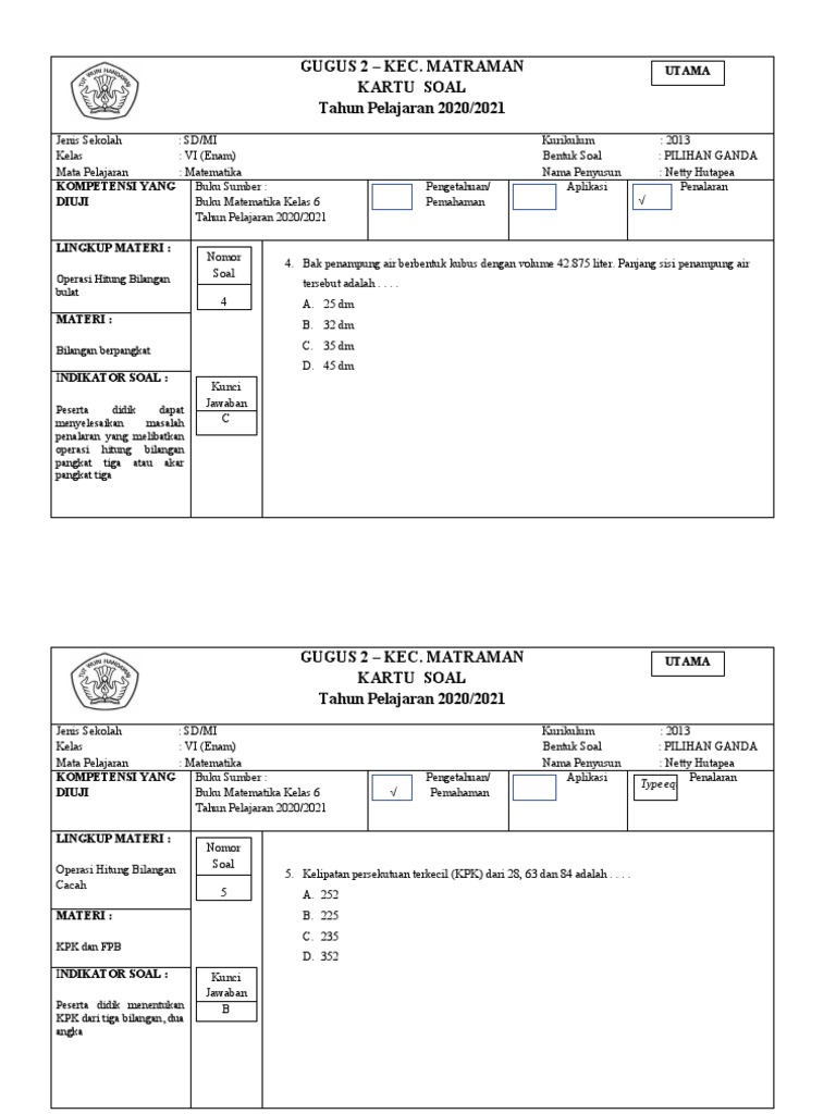 Kartu Soal Matematika - Bu Netty | PDF