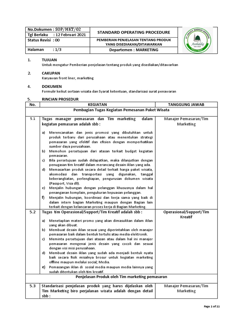SOP Pemasaran Paket Wisata | PDF