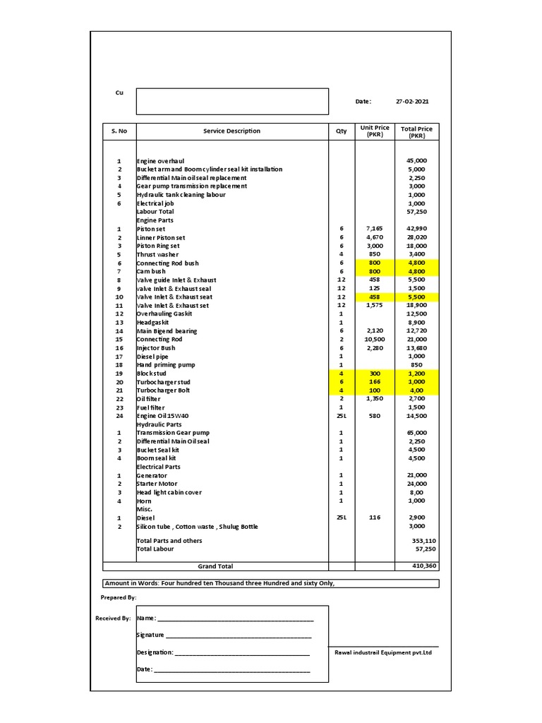 Invoice for Engine Overhaul, Repairs, and Maintenance of an Excavator ...