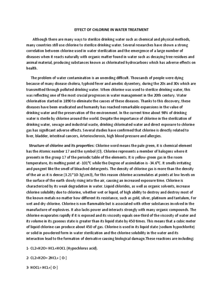 Effect of Chlorine On Water | PDF | Chlorine | Water Purification