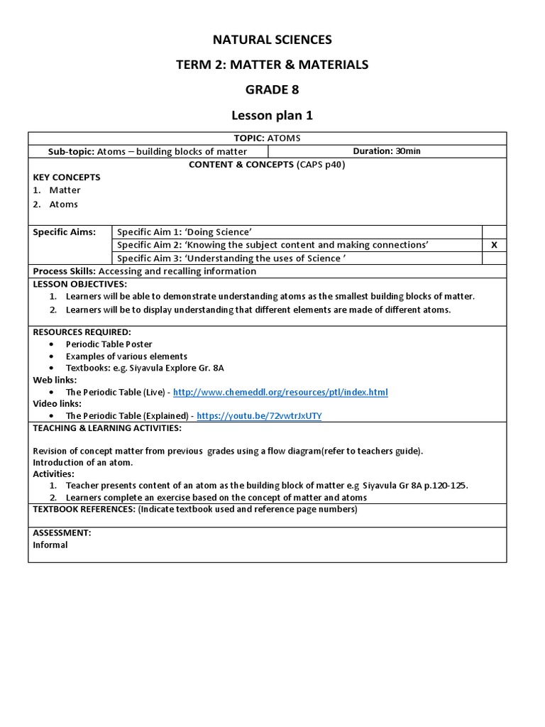 NS Grade 8 WORKSHEET AND LESSON - Atoms | PDF | Density | Lesson Plan