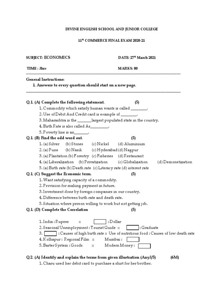 11th Economics Final Exam Question Paper | PDF | Money | Poverty