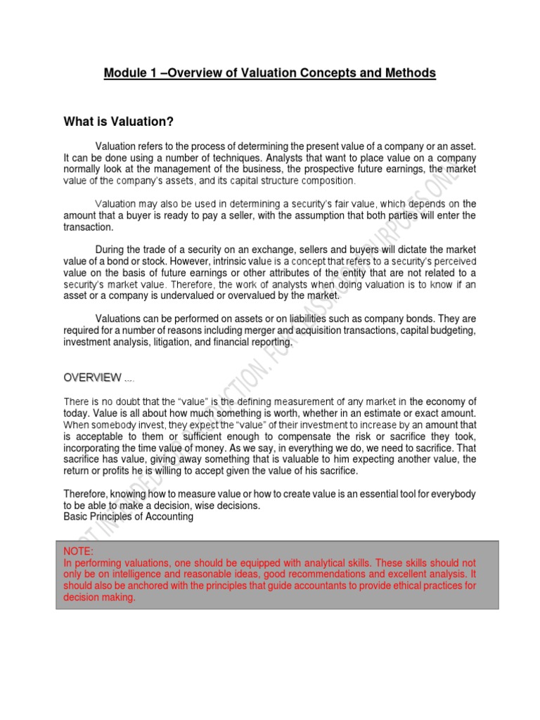 Overview of Valuation Concepts and Methods | PDF | Business Valuation ...