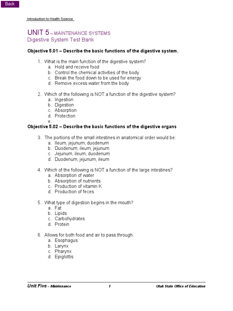 Unit 5: Digestive System Test Bank | PDF | Human Digestive System ...