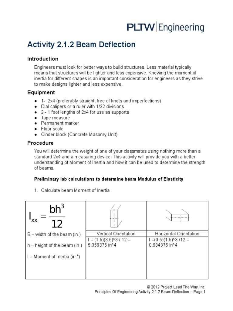 Activity 2.1.2 Beam Deflection: Preliminary Lab Calculations To ...
